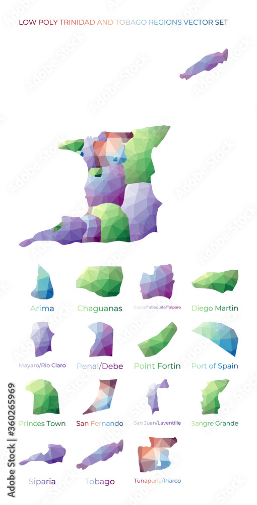 Trinidadian low poly regions. Polygonal map of Trinidad and Tobago with ...