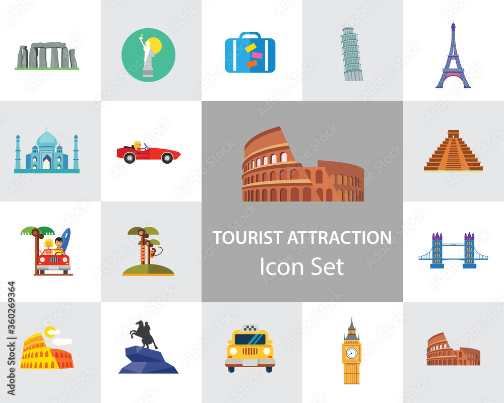 Tourist attraction icons set. Thirteen icons of Eiffel Tower, Big Ben ...