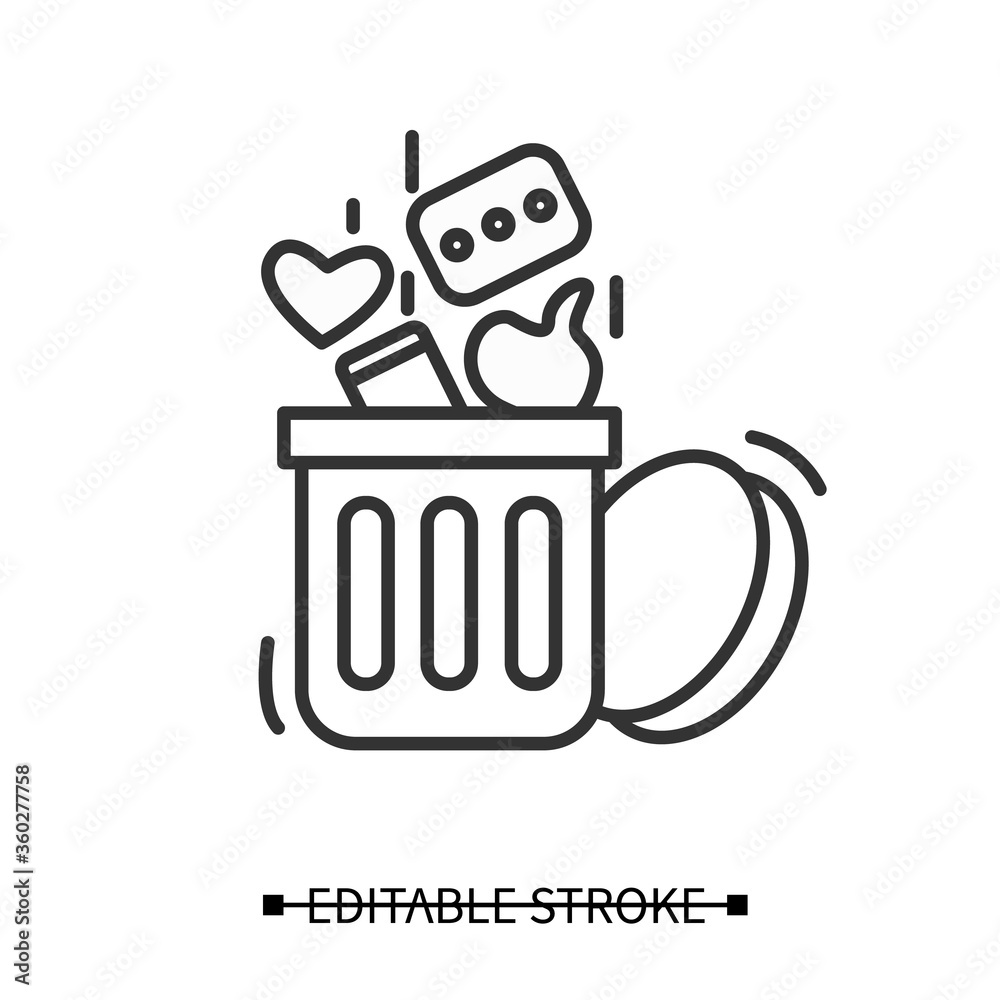 Digital detox icon. Social media linear pictograms in trash container ...
