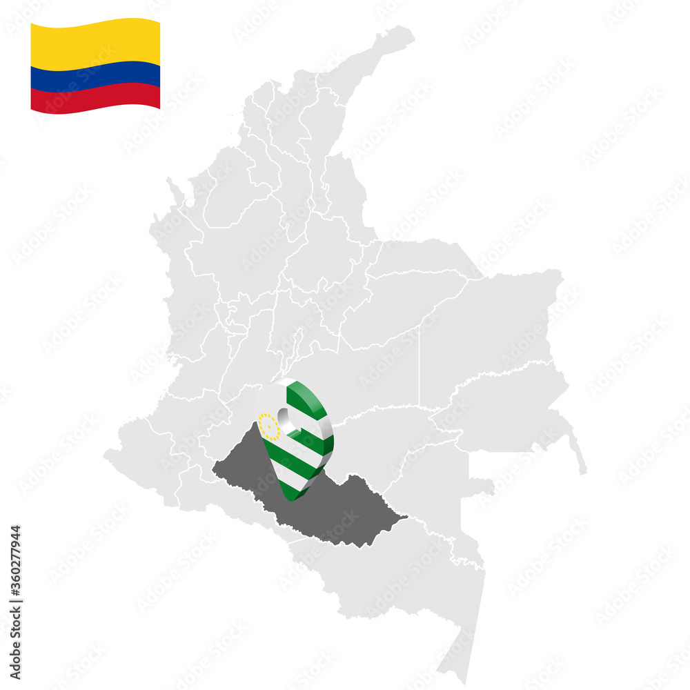 Location of Caqueta on map Colombia. 3d Caqueta location sign. Flag of ...