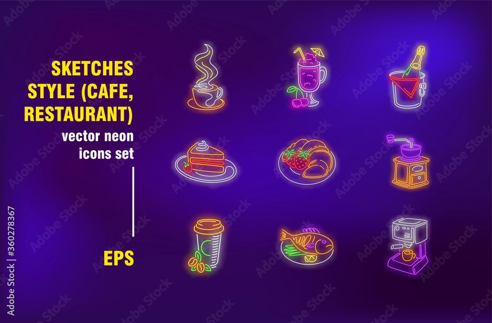 Food and drink neon signs set. Restaurant meal, coffee shop, alcohol ...