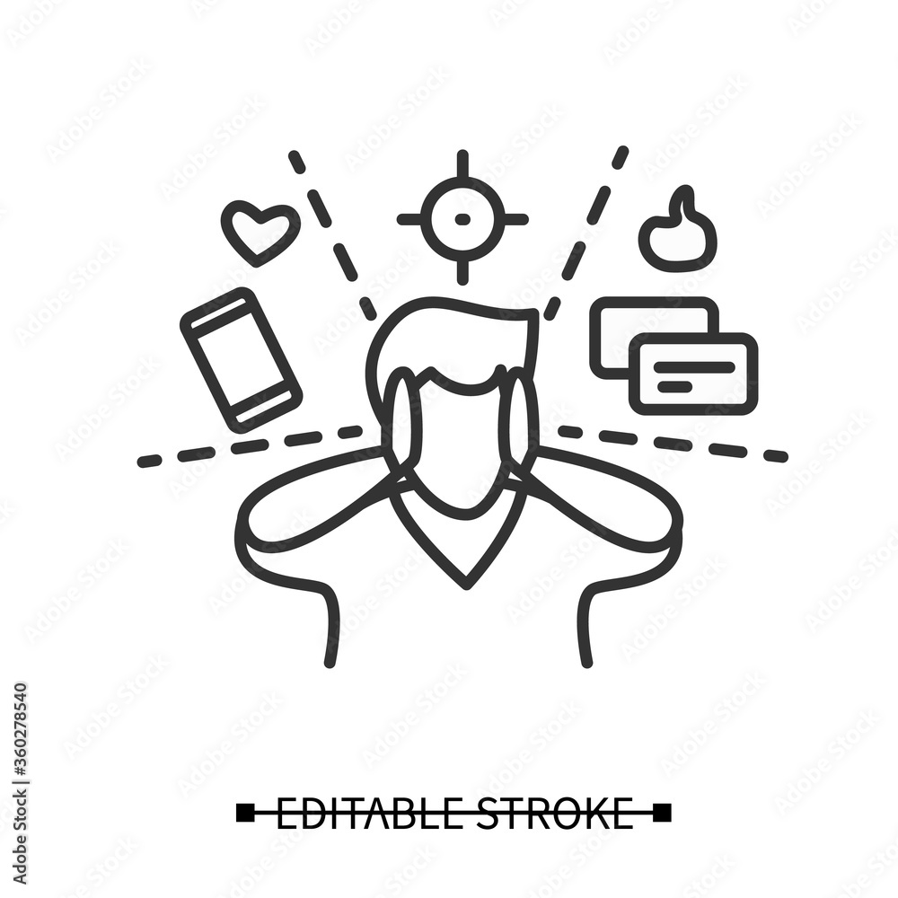 Attention focus icon. Man limiting attention and ignoring social media ...