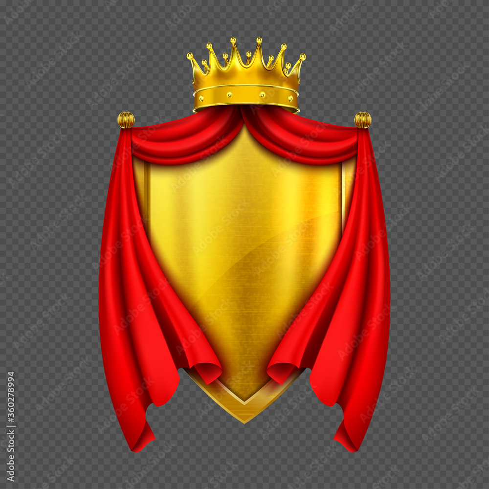 Coat of arms with golden monarch crown, shield and red folded cloth or ...