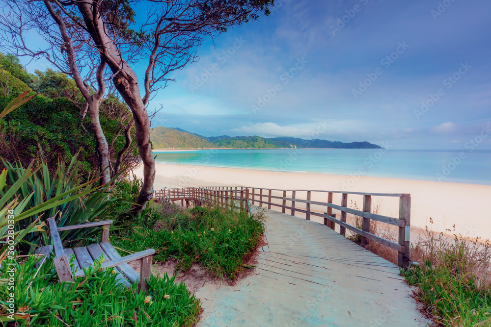 Awaroa Inlet along the Abel Tasman national park at sunrise, South ...