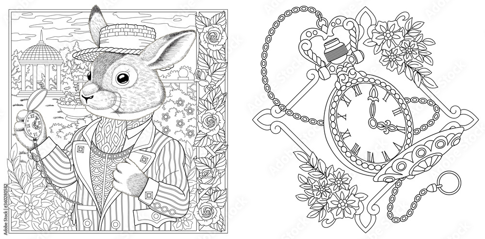 Coloring pages with bunny and vintage pocket watch Stock Vector | Adobe ...