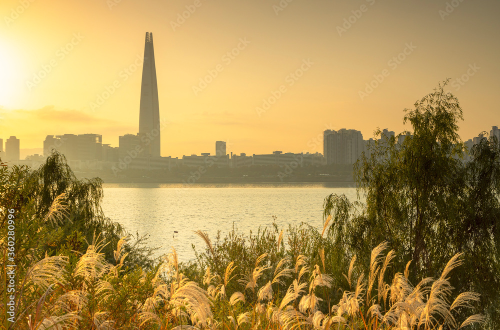 Lotte World Tower and Nam River at sunrise, Seoul, South Korea foto de ...