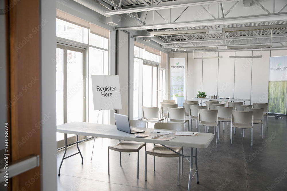 Conference registration table and seating Stock Photo | Adobe Stock