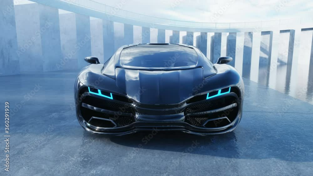 black futuristic electric car on seafront. Urban fog. Concept of future ...