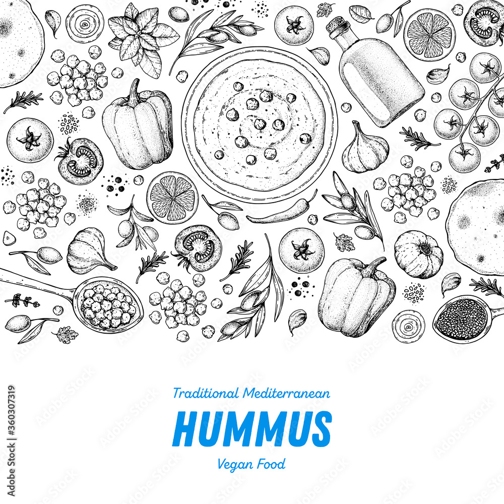 Hummus cooking and ingredients for hummus, sketch illustration. Middle ...