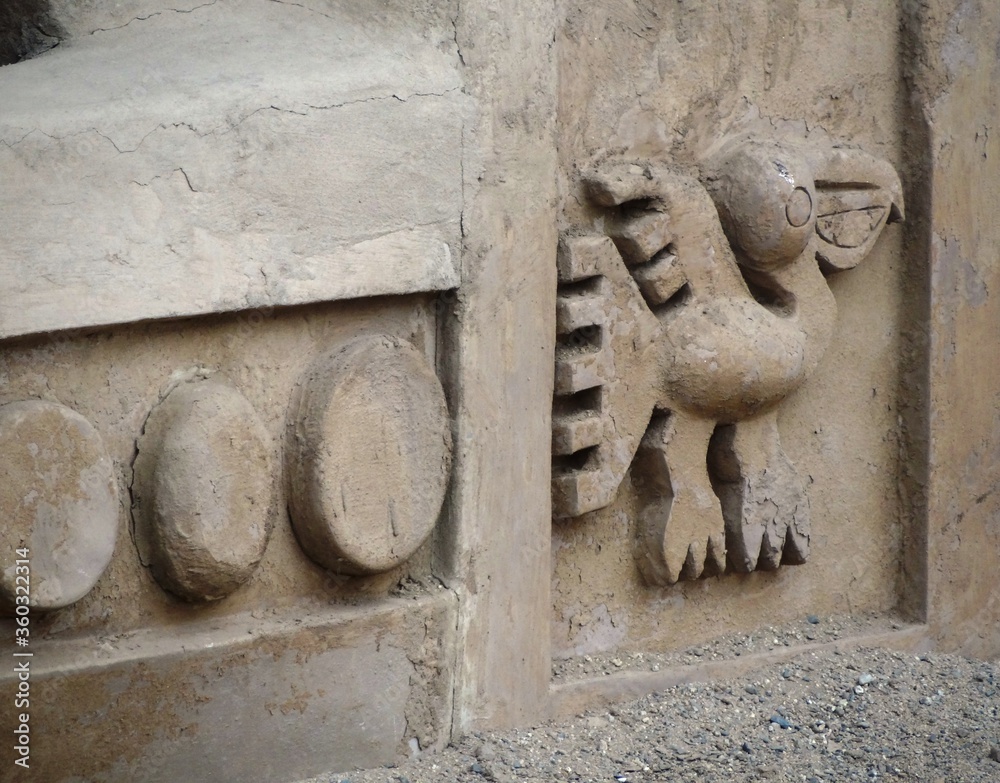 Friezes with depictions of pelicans at ancient ruins of Chan Chan ...