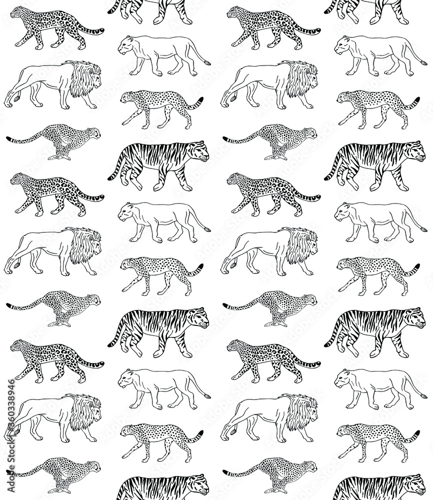 Vector seamless pattern of hand drawn doodle sketch wild cats isolated ...