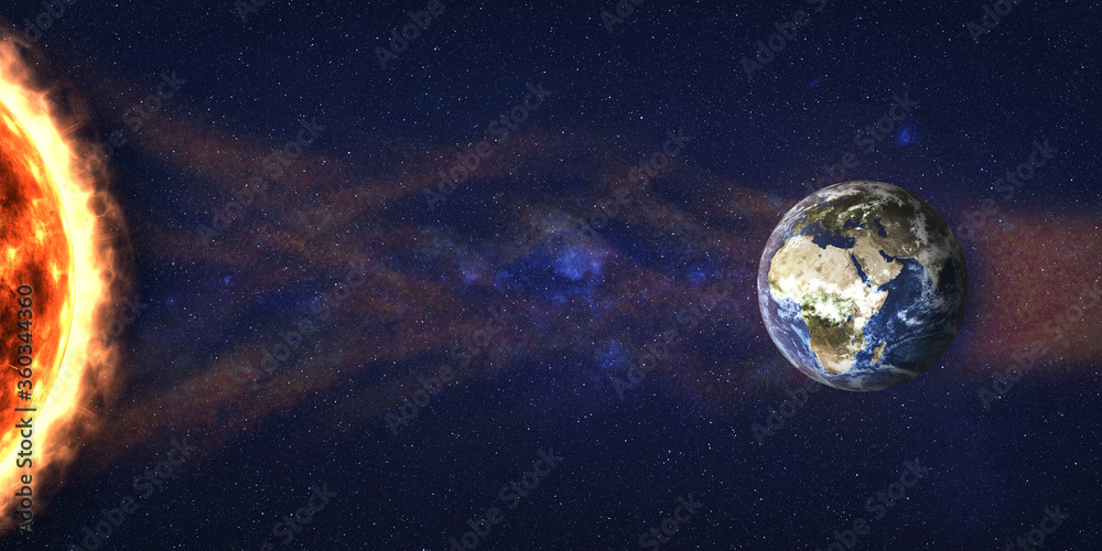 Sun storm in outer space. Sun radiation flow to Earth planet. 3d render ...
