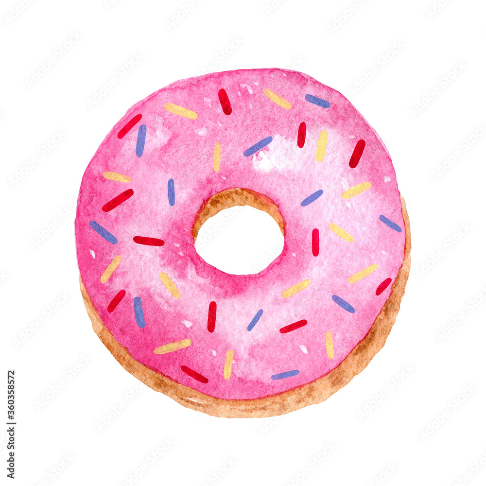 Pink donut with sprinkles isolated on white background. Watercolor hand ...
