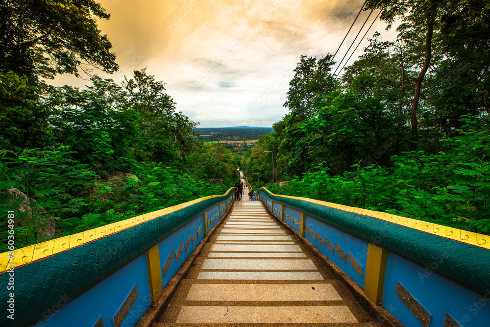 The background of a bridge or a walkway to admire the mountain scenery ...