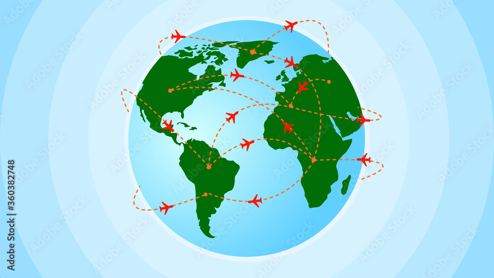 World map showing flight routes around the world with red line and ...
