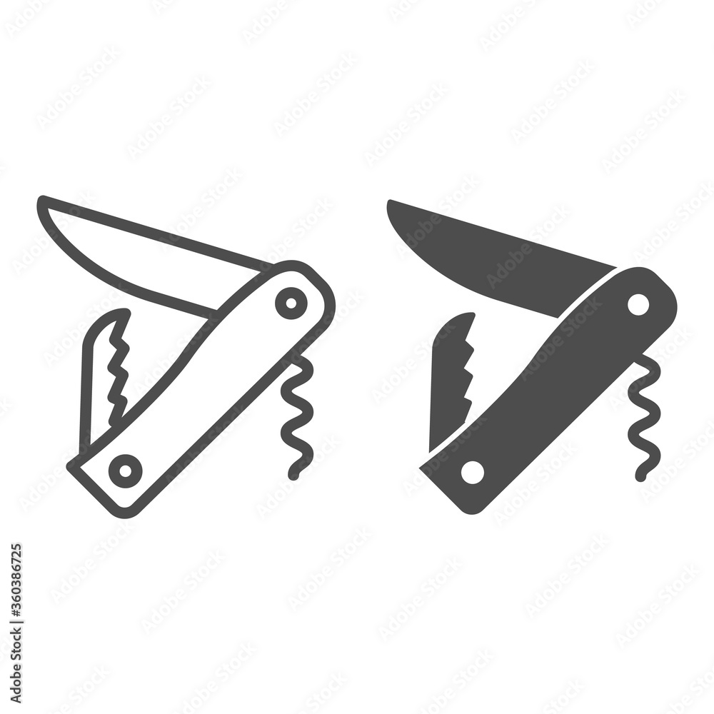 Folding knife with corkscrew line and solid icon, picnic concept, Multi penknife sign on white ...