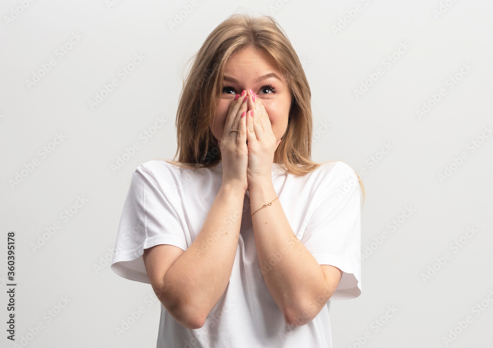 suprised young caucasian woman girl isolated on white background Stock ...