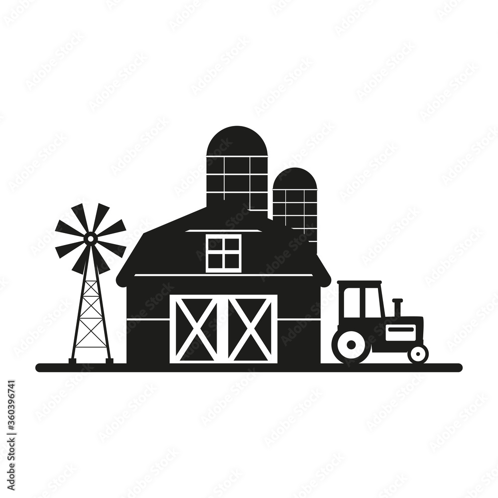 farm shed with a grain tower and a windmill and tractor, vector ...
