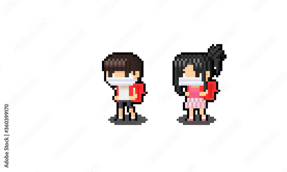 Pixel art cartoon asian child character with red backpack. Stock Vector ...