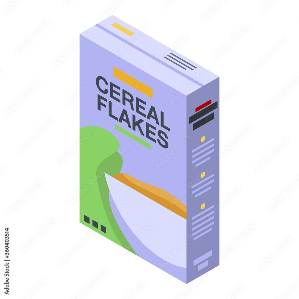Cereal flakes box icon. Isometric of cereal flakes box vector icon for ...