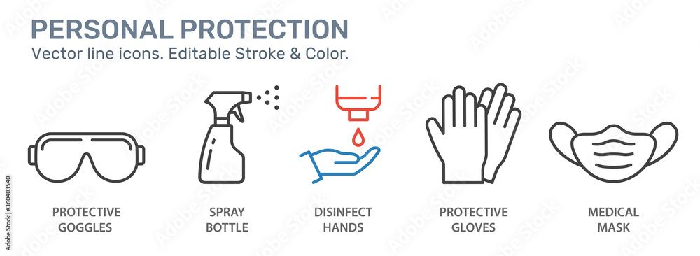 Personal protection line icons set. Black vector illustration. Editable ...