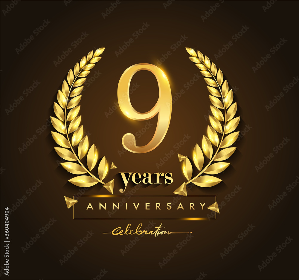 9th gold anniversary celebration logo with golden color and laurel ...