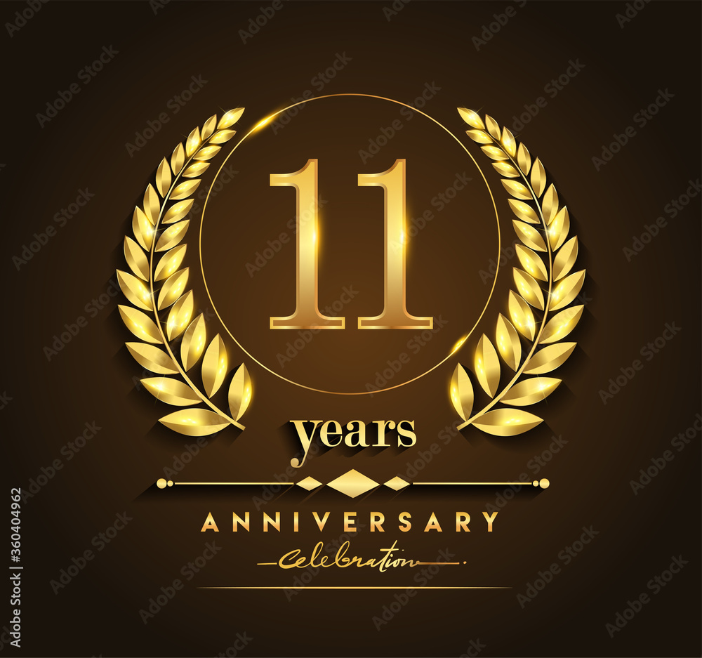 11th gold anniversary celebration logo with golden color and laurel ...