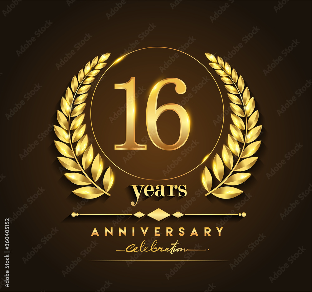 16th gold anniversary celebration logo with golden color and laurel ...
