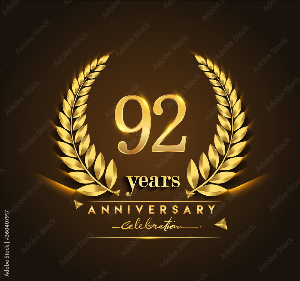 92nd gold anniversary celebration logo with golden color and laurel ...