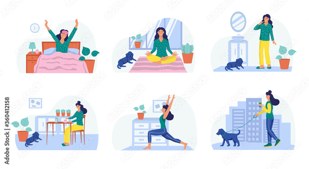 Morning routine, a young woman wakes up, meditates, brushes her teeth ...