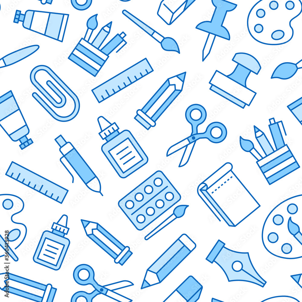 Stationery background, school tools seamless pattern. Art education ...