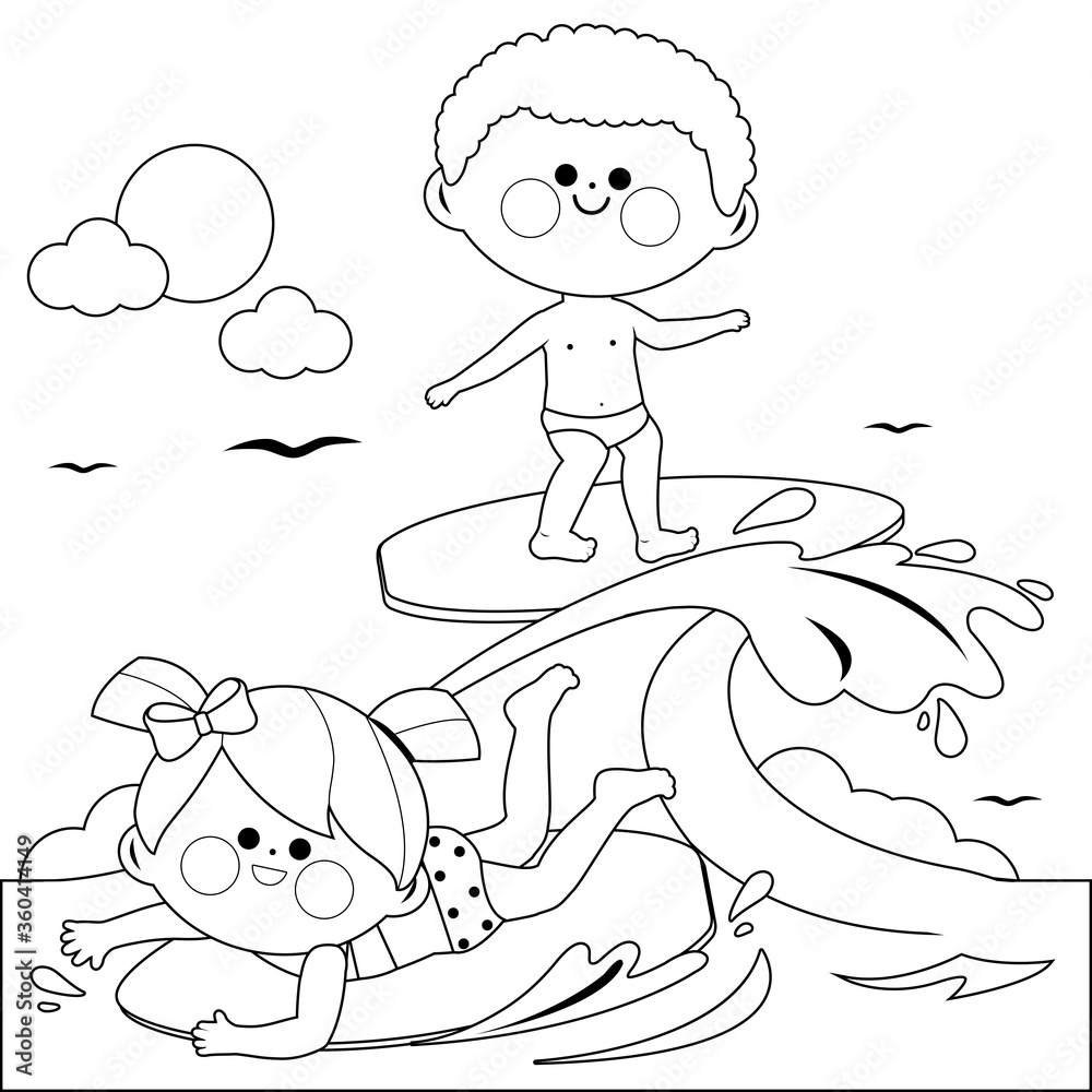 Children surfing on a wave in the sea. Vector black and white coloring ...