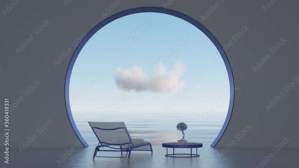 Surreal luxury interior with round window and waterscape view ...