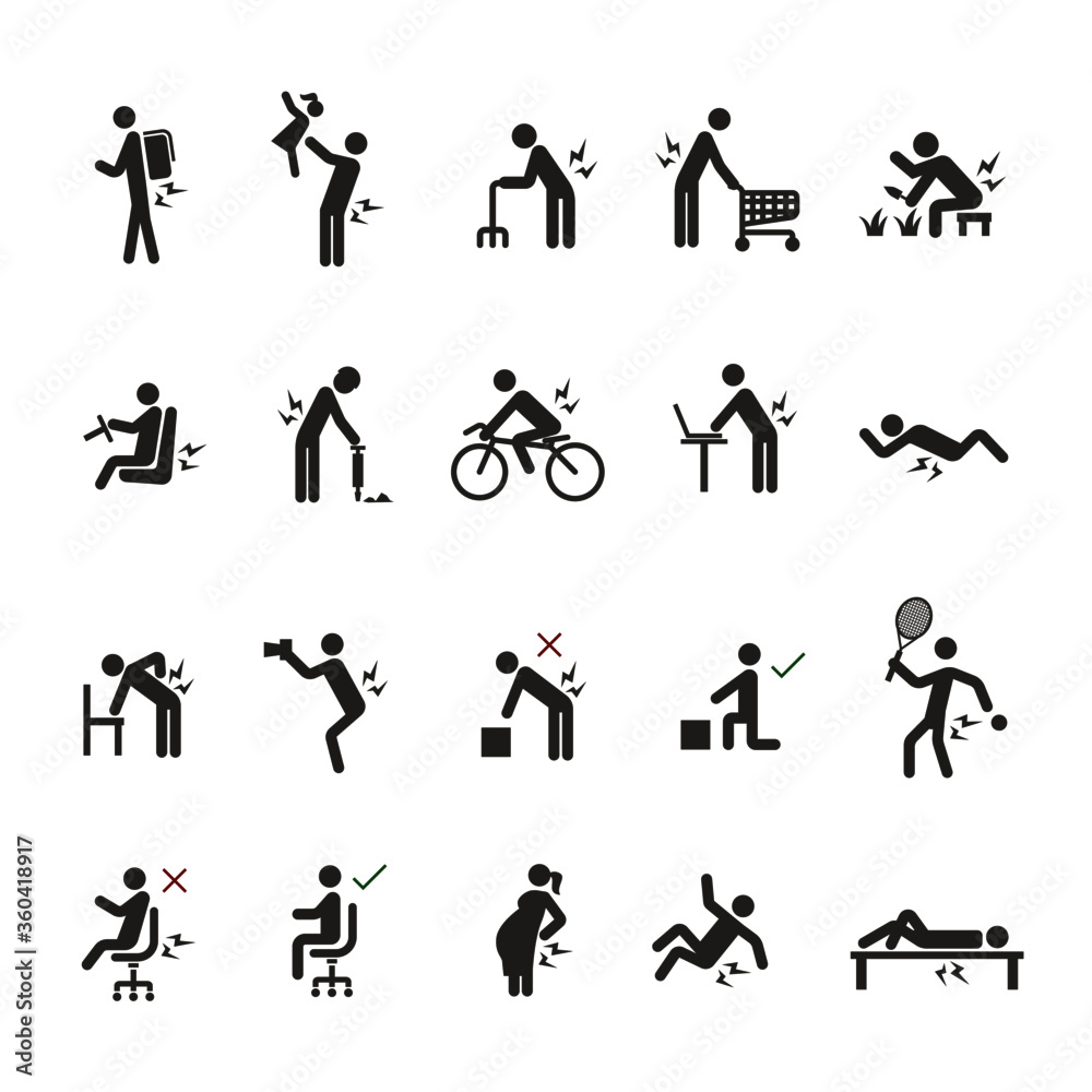 activities cause lower back pain icon set Stock Vector | Adobe Stock