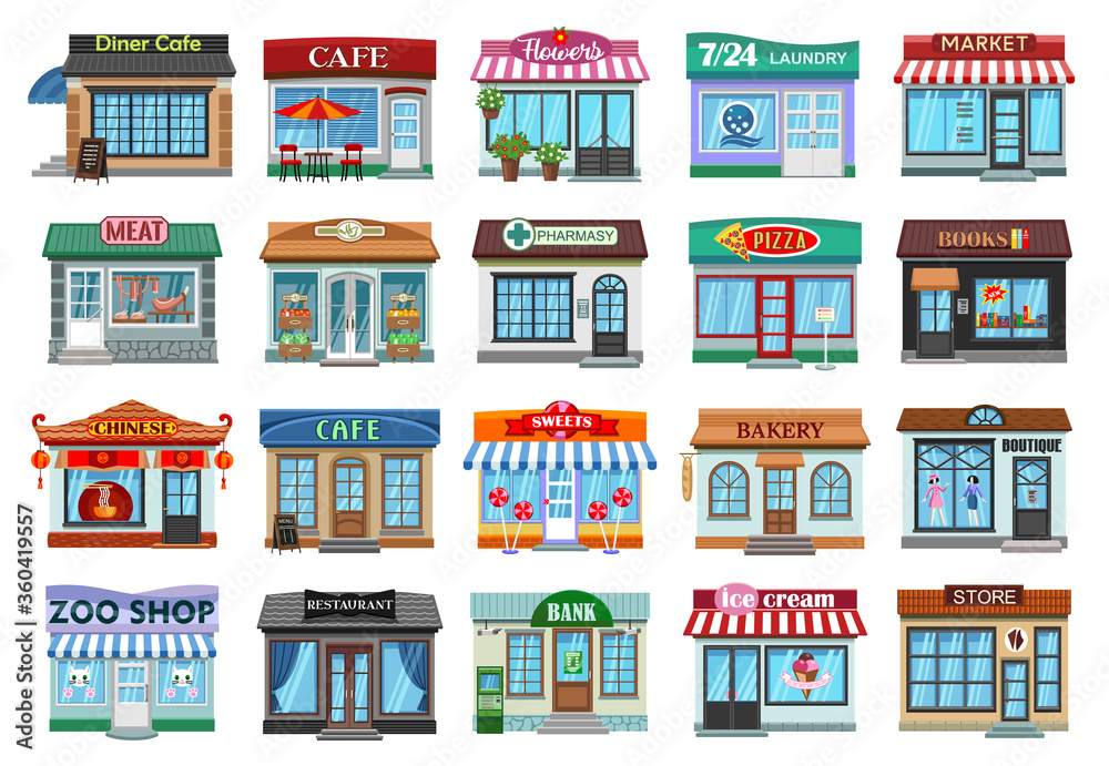Facade store vector cartoon set icon. Vector illustration storefront on ...