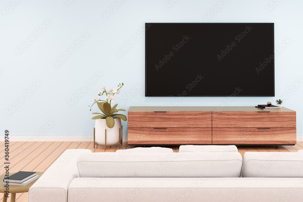 3D rendering of modern living room with TV screen. Stock Illustration ...