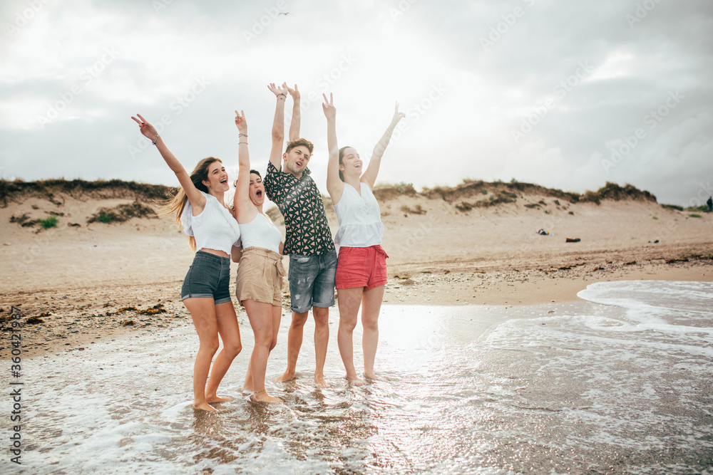friends by the sea on the beach a summer day. They scream, raise their ...