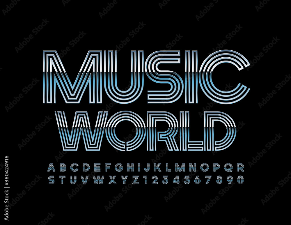 Vector metallic poster Music World with Abstract maze Font. Silver ...