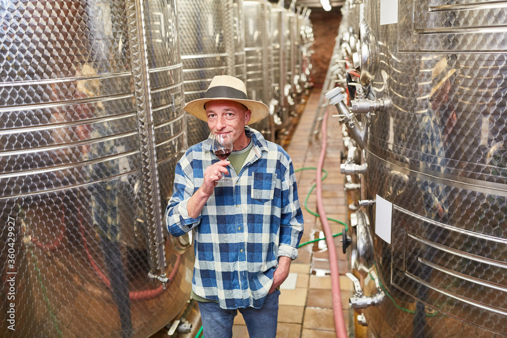 Master winemaker with glass of red wine in front of a fermentation tank ...