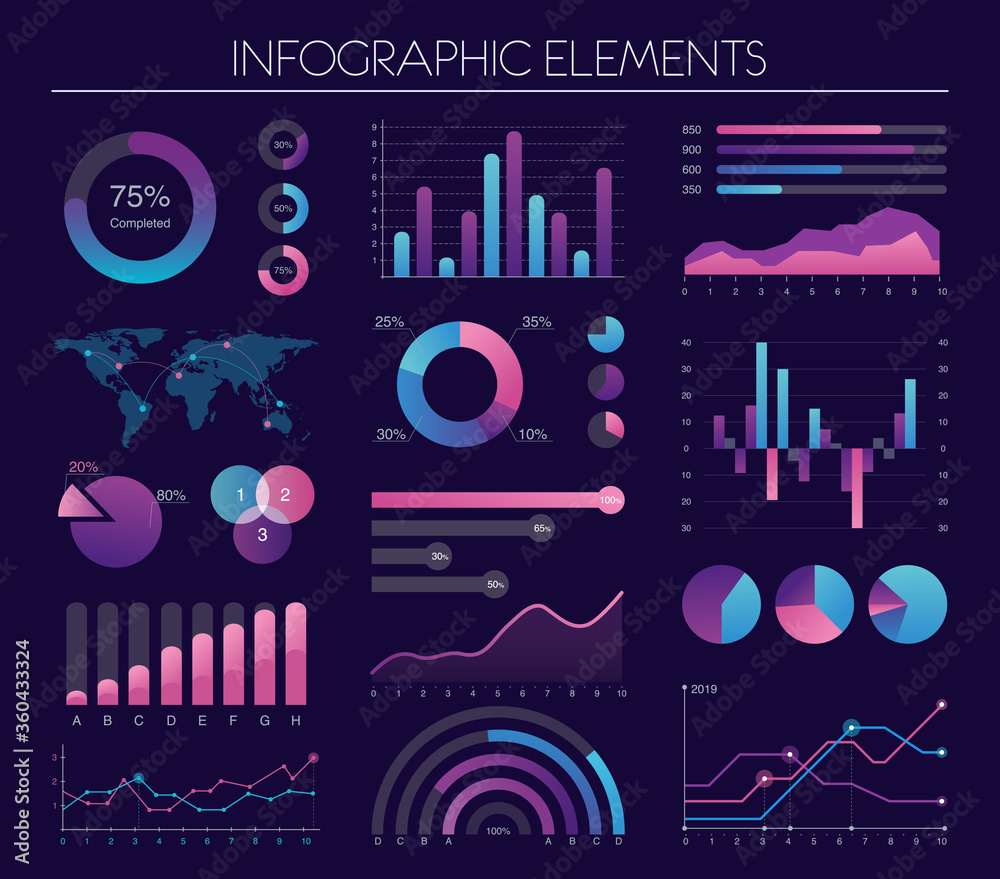 Vector set of infographic elements with map, diagrams, charts ...