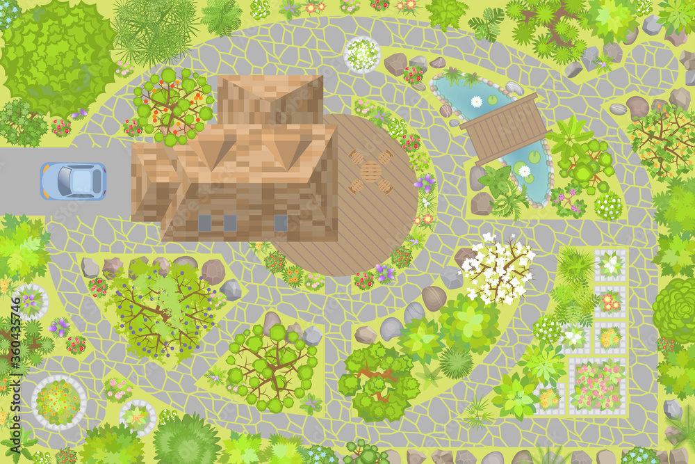 Vector illustration. Modern garden design. Top view. Landscape design ...