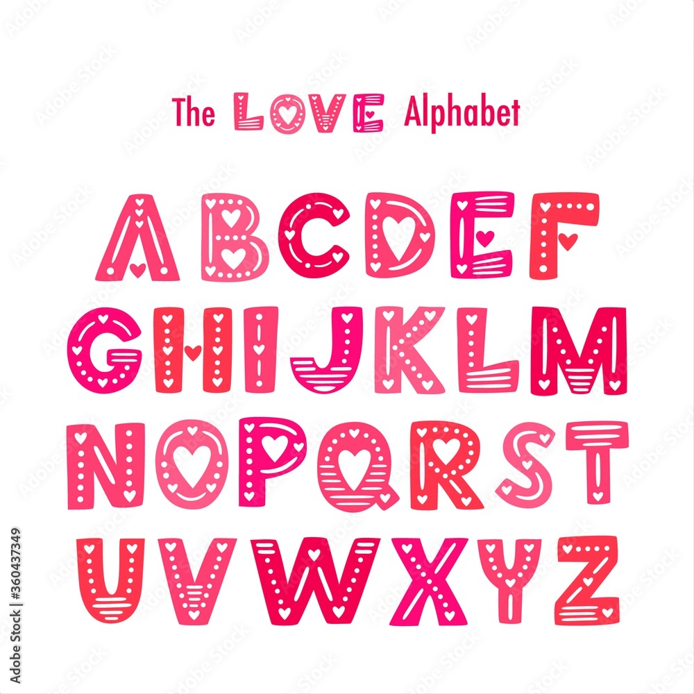 Love Vector Hand drawn English Alphabet. Romantic Pink Colour Type ...