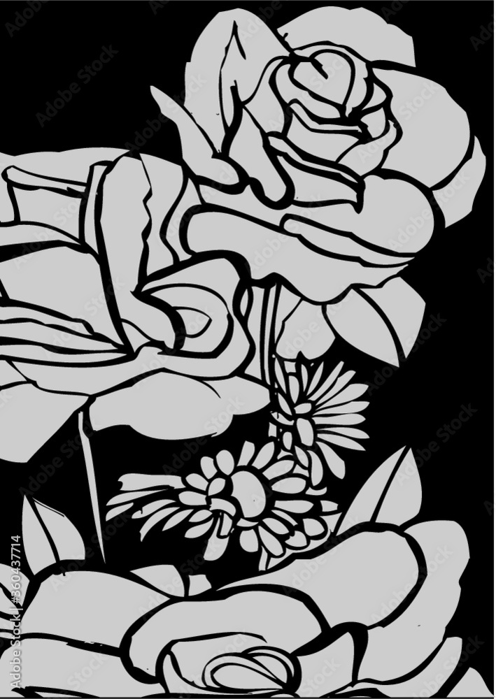 Vector illustration of black & white roses drawing. Pattern ...