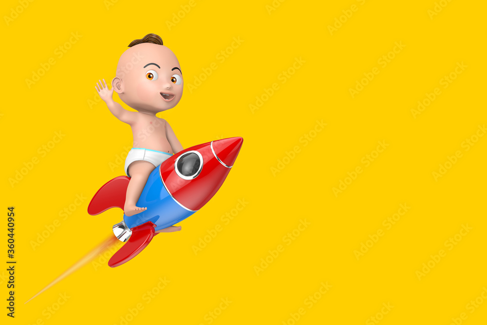 Cartoon Cute Baby Boy Flying On The Childs Toy Rocket. 3d Rendering ...