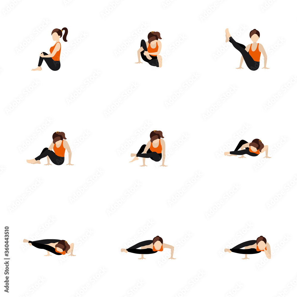 Eight angle pose sequence yoga asanas set/ Stylized woman practicing ...