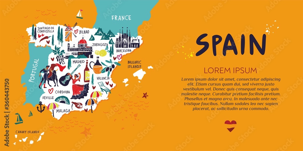 Landing page template of a travel site about trip to Spain. Decorative ...