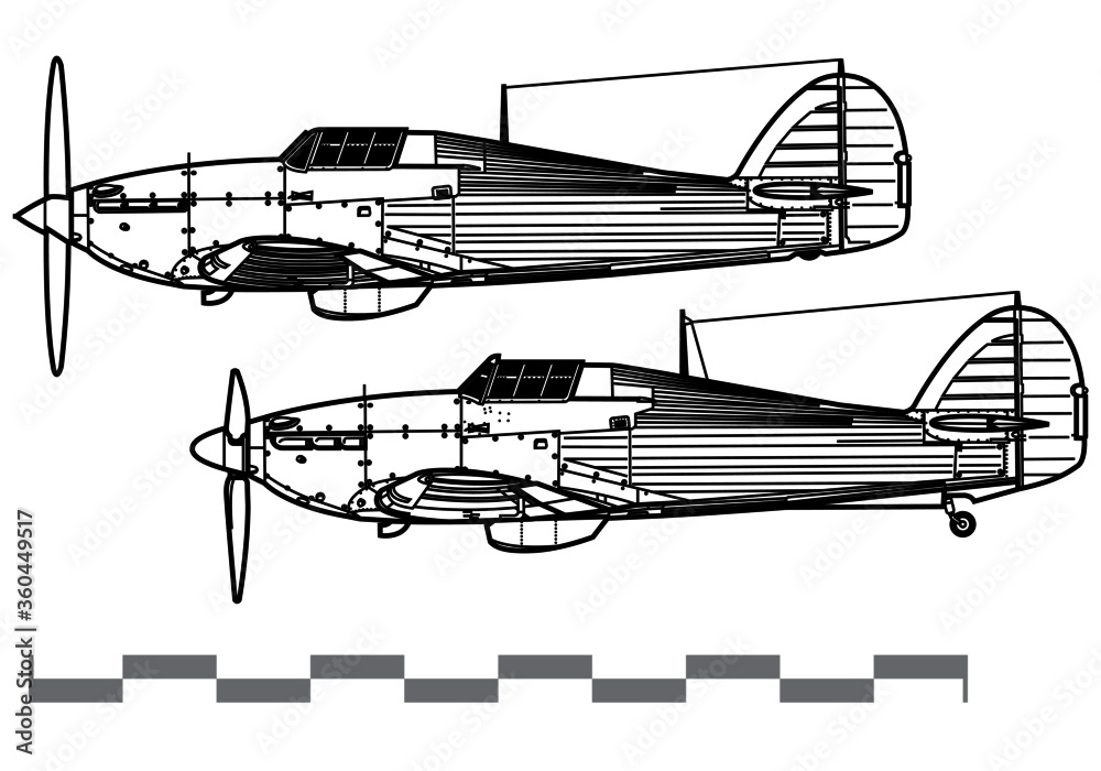 Hawker Hurricane MkI. World War 2 fighter aircraft. Side view. Image ...