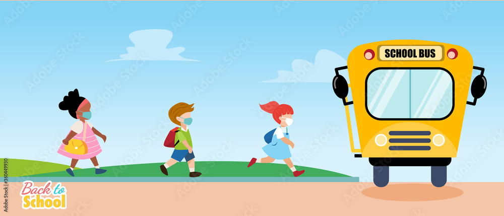 Kids wearing face mask walking to school bus, back to school concept ...