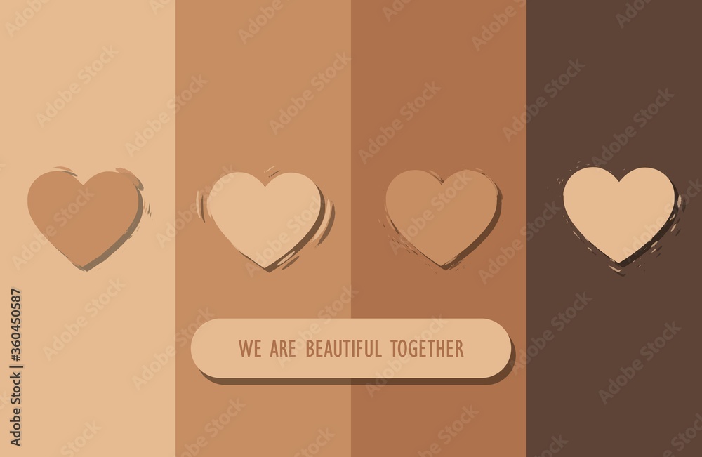 Hand drawn heart vector set with skin colors. We are beautiful together ...