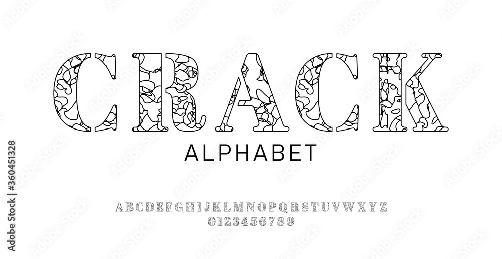 Set of font letters and numbers with decorative сracked surface. Broken ...